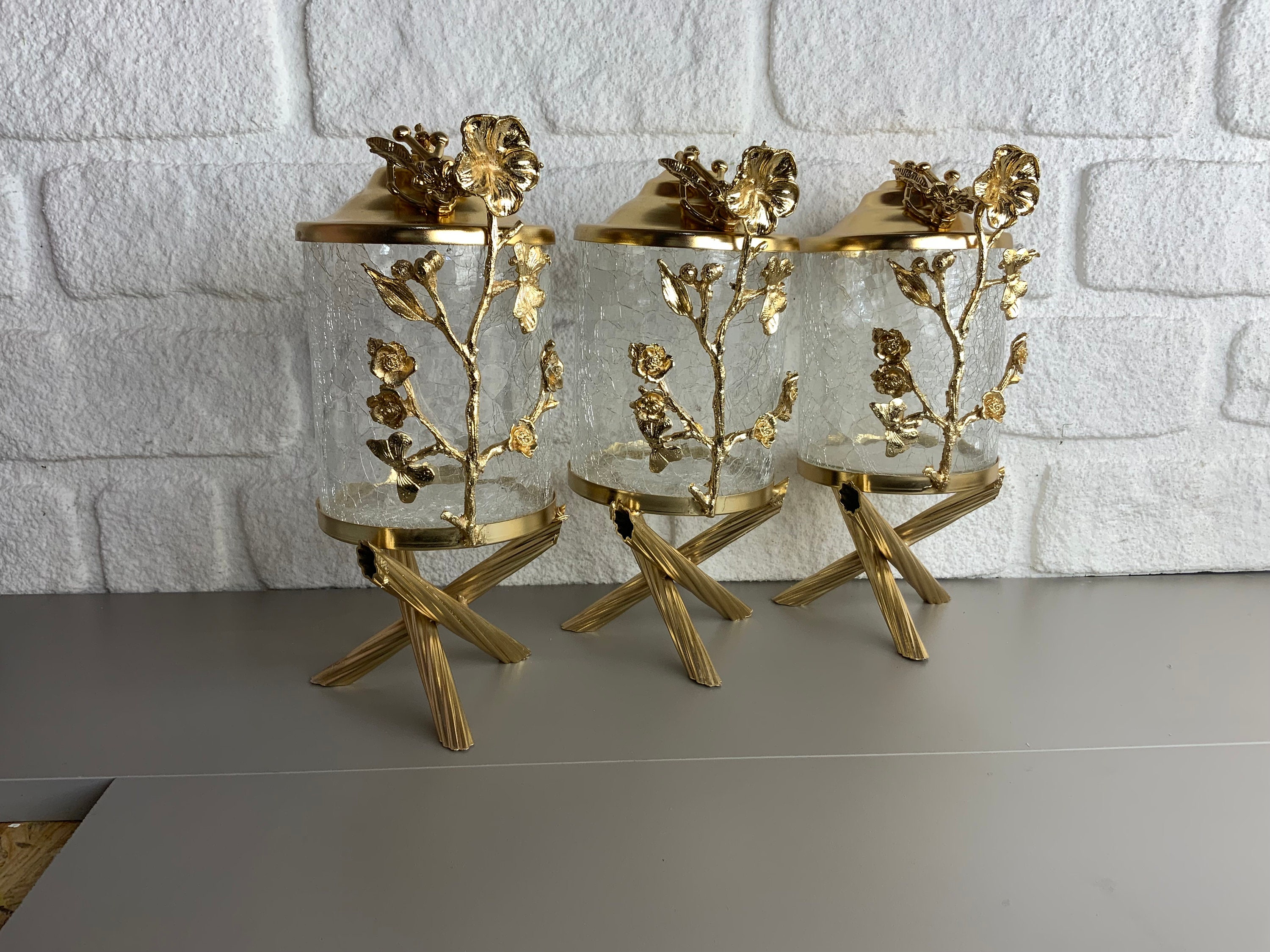 Gold Canister Set for Kitchen 3 Piece Glass Storage Jar Set - Etsy