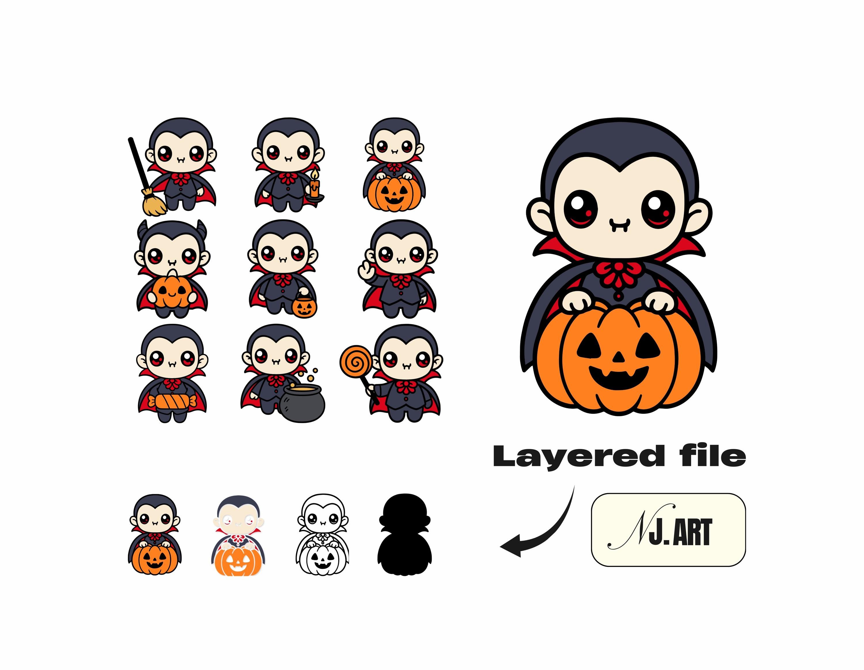 Halloween Dracula Svg Png Dxf – Cute Kawaii Vampire Clipart Bundle ...