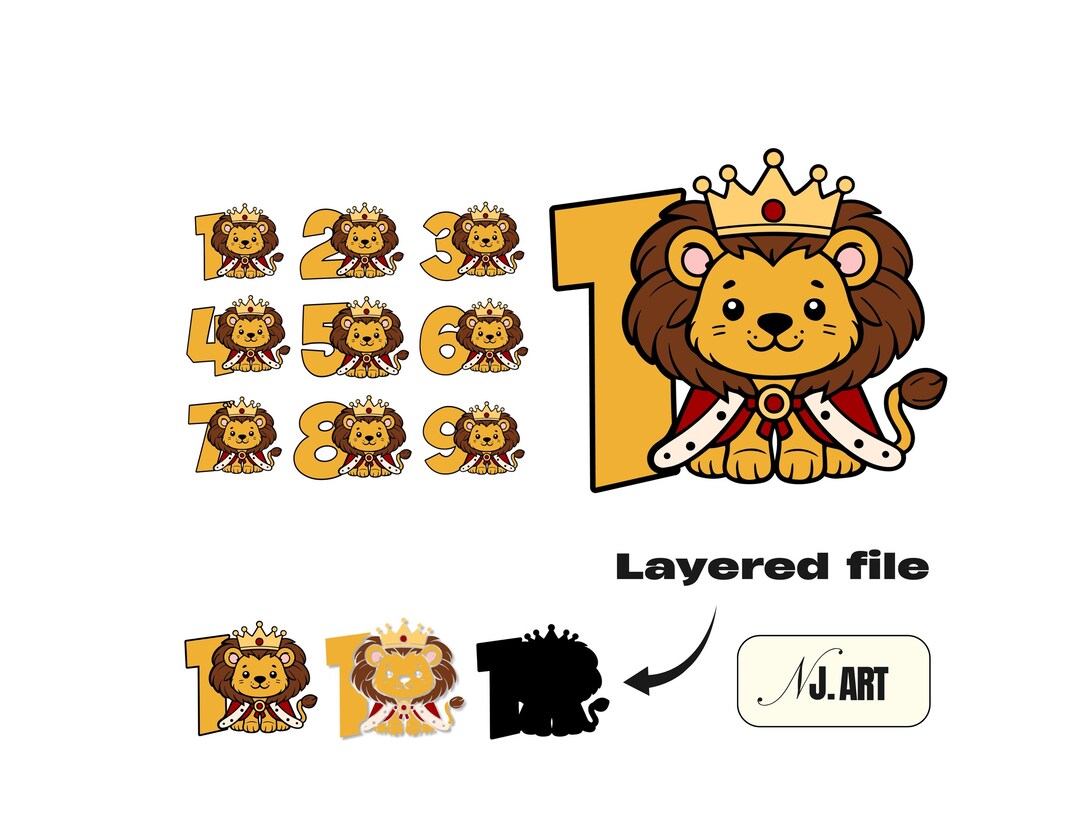 First Birthday Lion Numbers SVG PNG - 0–9 Birthday Digits, Layered Cut ...
