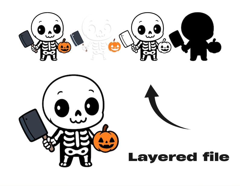 Halloween Skeleton Clipart Bundle SVG PNG DXF – 9 Cute Chibi Skeletons ...