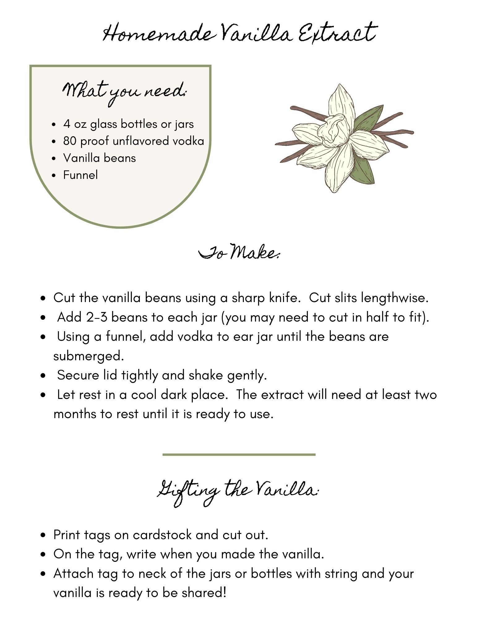 Printable Vanilla Extract Tags for Gifting With Homemade Vanilla ...