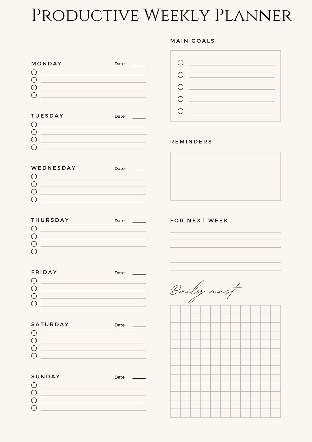 WEEKLY TO DO Printable Sheet - Etsy