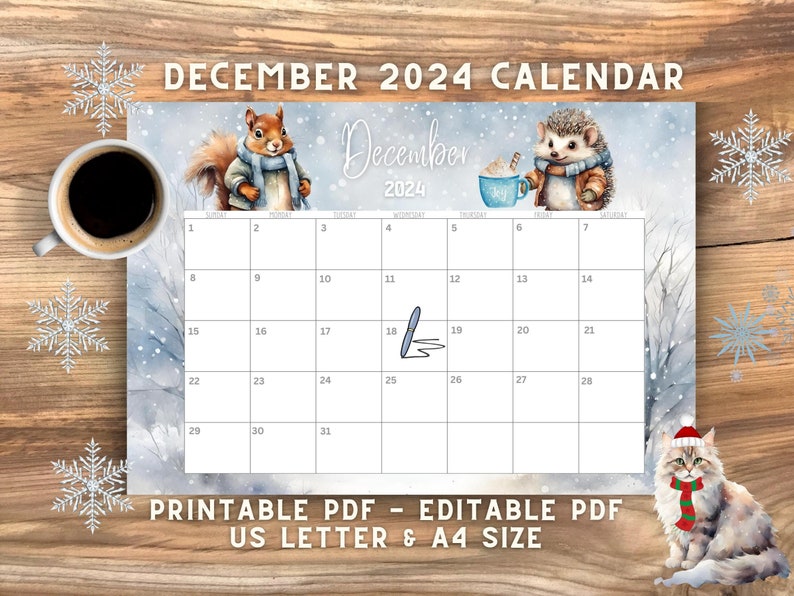 Editable December 2024 Calendar, Cute Printable Monthly Calendar ...
