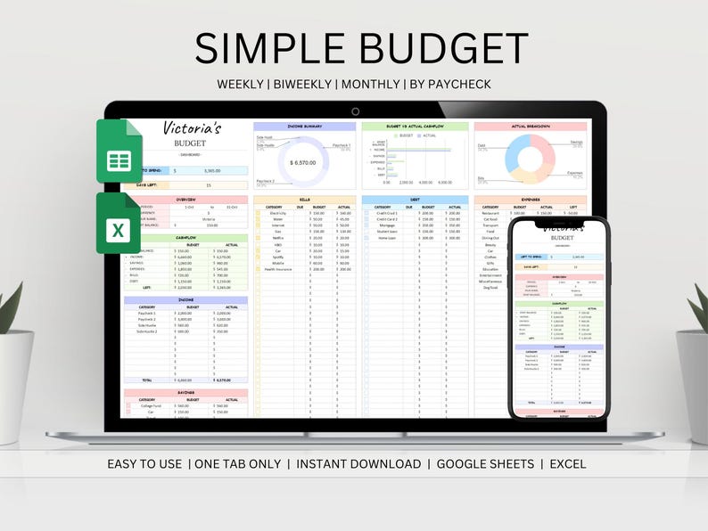 Budget Planner Paycheck Budget Tracker Template Monthly Budget Spreadsheet Beginner Biweekly ...