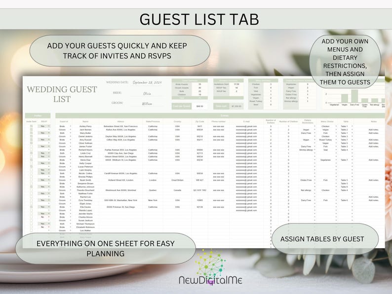 Wedding Guest List Tracker | Wedding Seating Chart | Wedding Planner ...