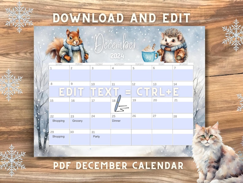 Editable December 2024 Calendar, Cute Printable Monthly Calendar ...