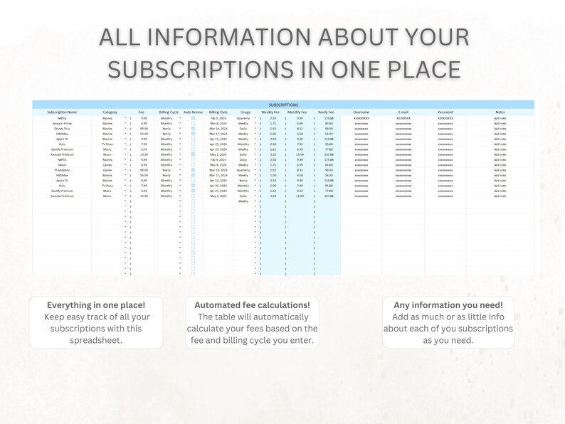 Subscription Tracker Spreadsheet | Budget Planner | Subscription ...