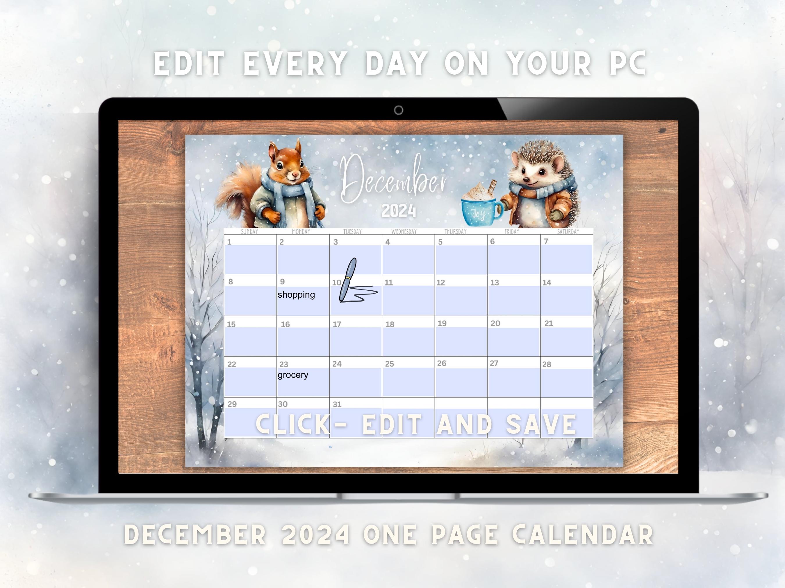Editable December 2024 Calendar, Cute Printable Monthly Calendar ...