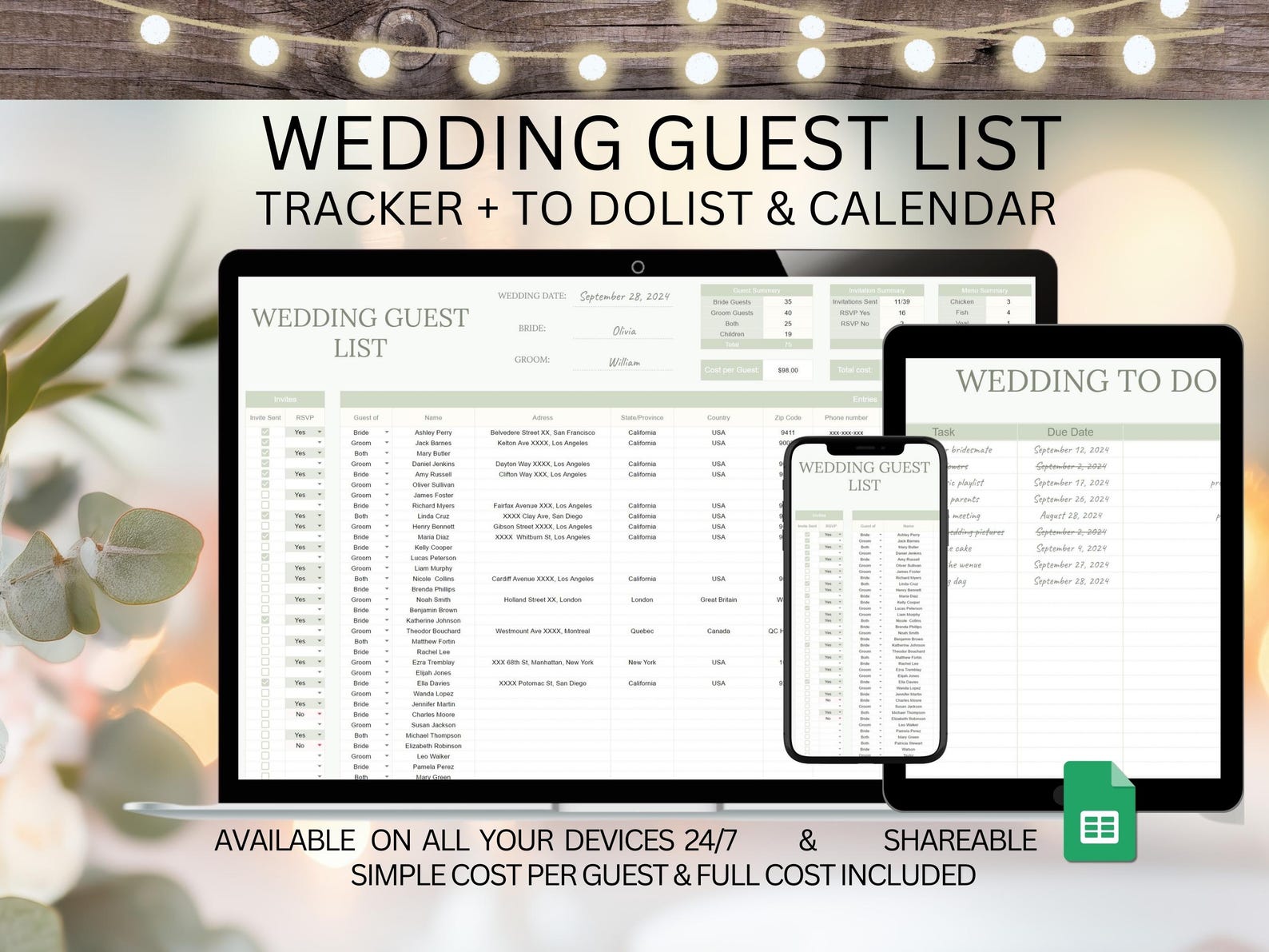 Wedding Guest List Tracker | Wedding Seating Chart | Wedding Planner ...