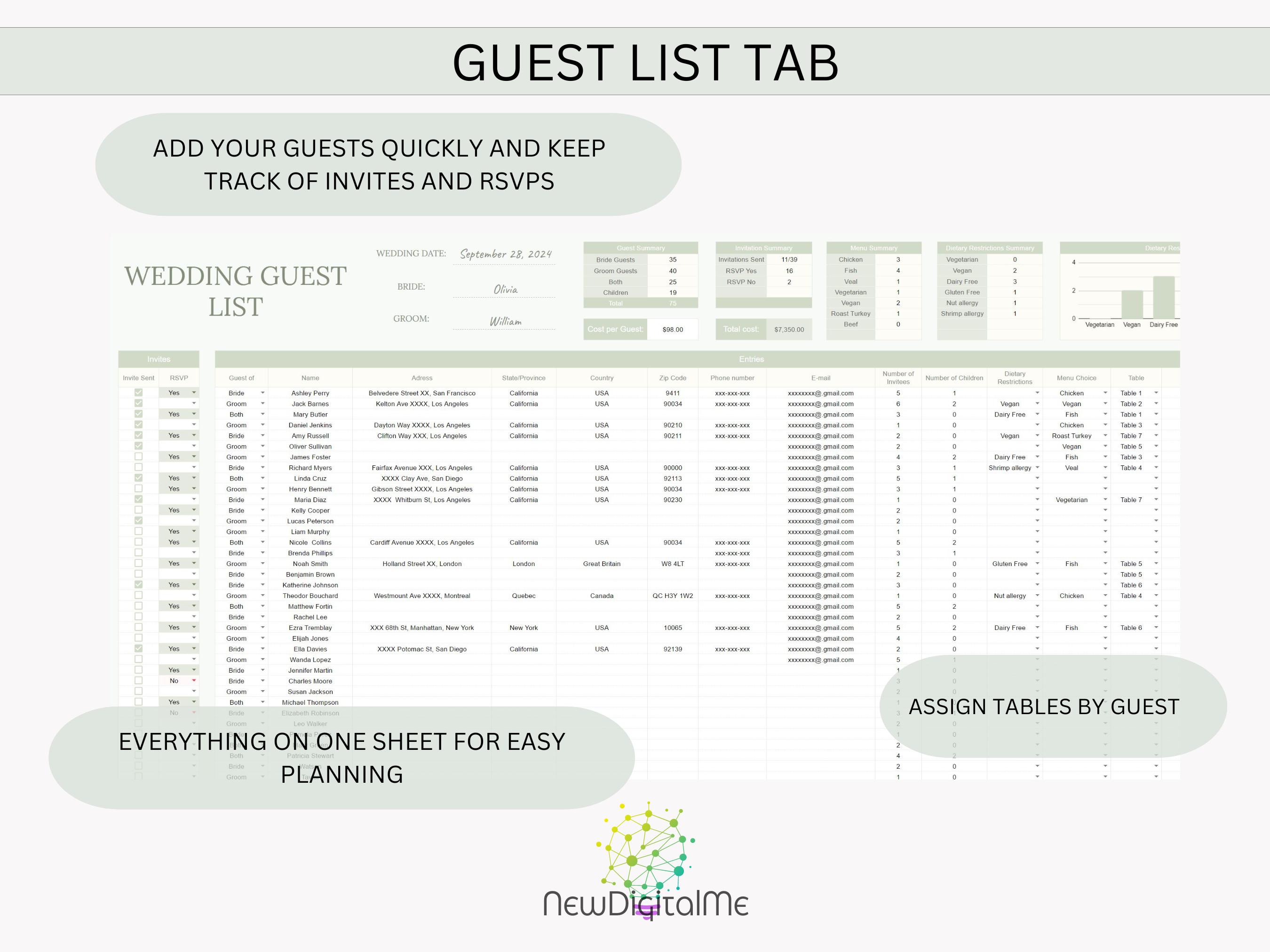 Wedding Guest List Tracker Wedding Seating Chart Wedding Planner ...