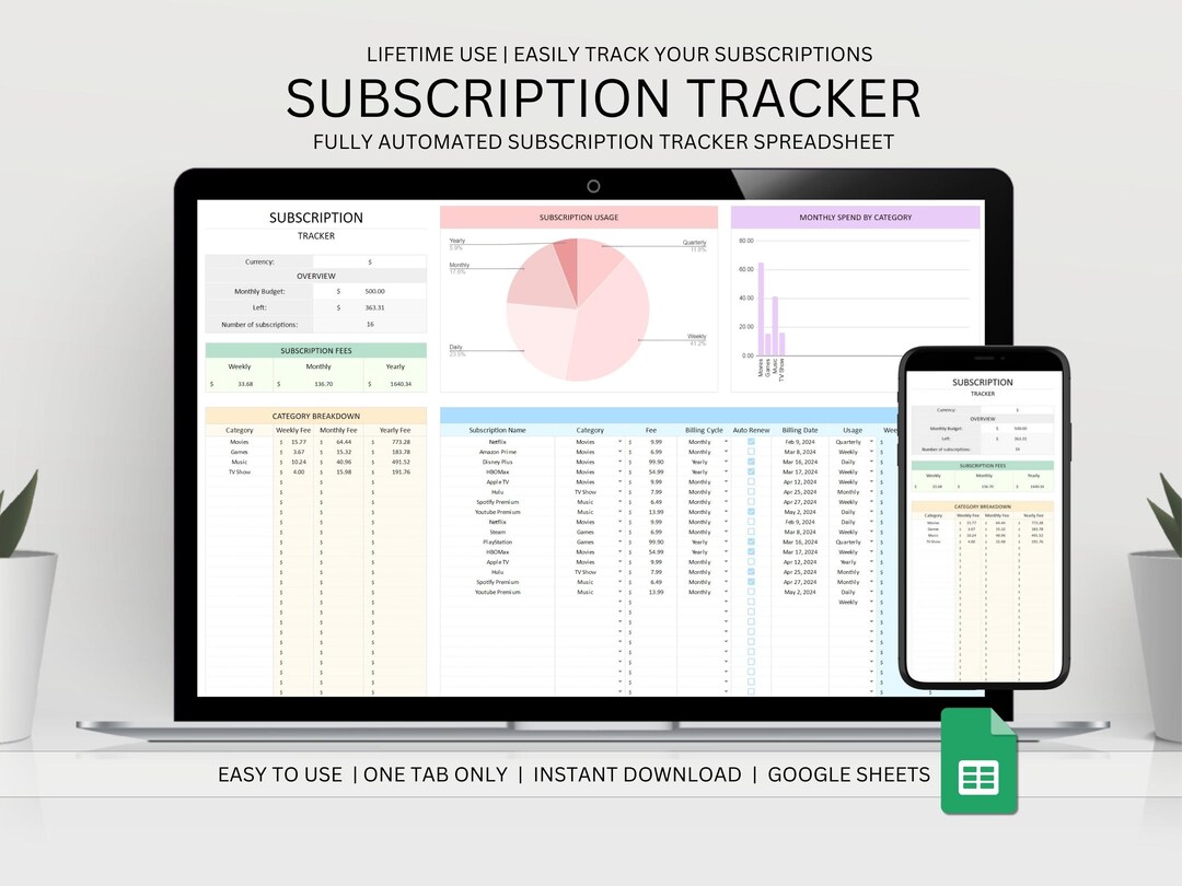 Subscription Tracker Spreadsheet | Budget Planner | Subscription ...