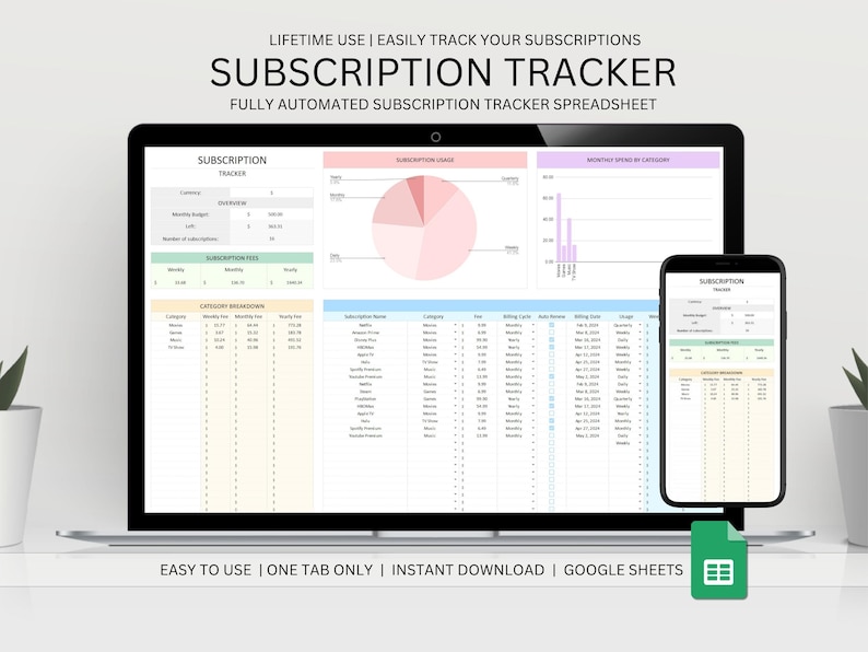 Subscription Tracker Spreadsheet | Budget Planner | Subscription Planner | Google Sheets ...