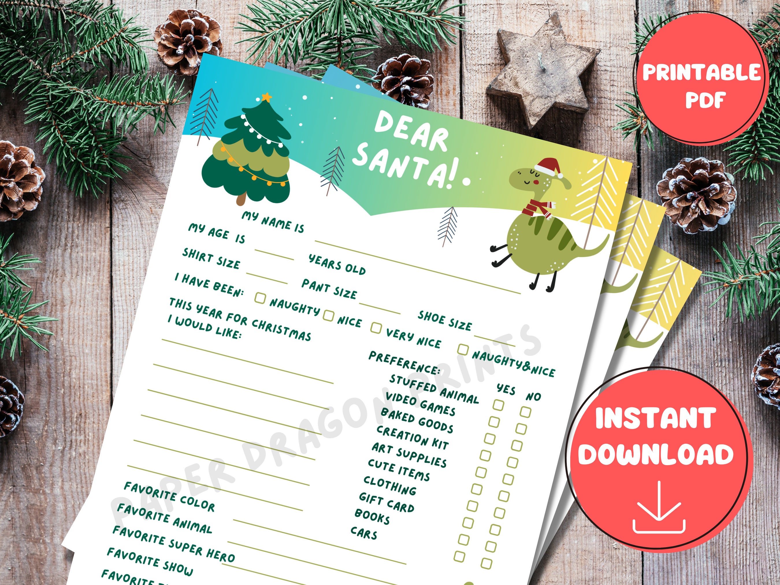 Letter to Santa, Printable Christmas List, Dear Santa With Dinosaur ...