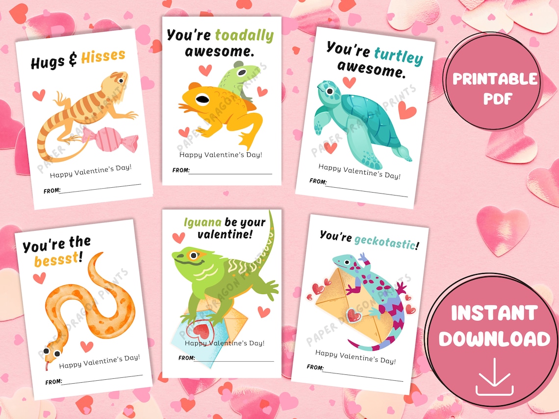 Printable Reptile Pun Valentine's Day Cards, Classroom Valentine's Day ...