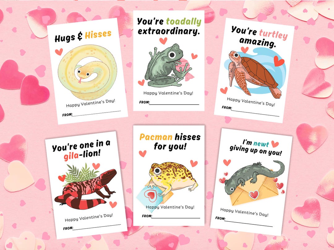 Printable Lined Reptile Pun Valentine's Day Cards, Classroom Valentine ...