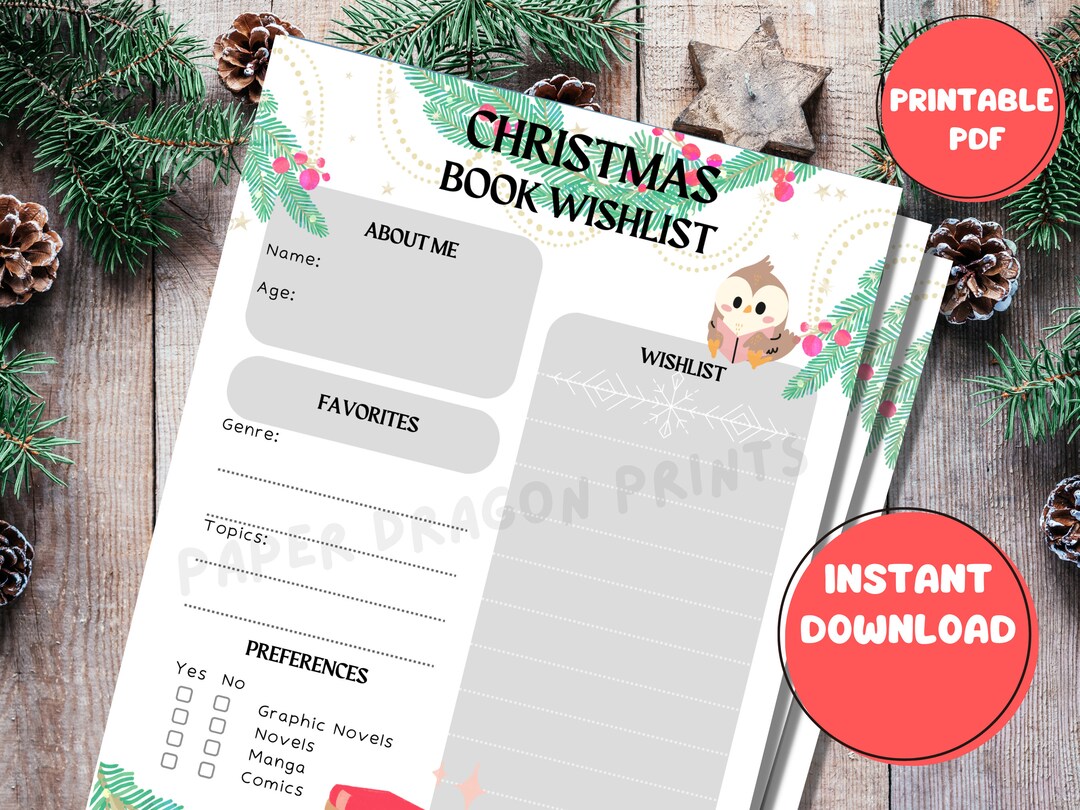 Christmas Book Wish List, Booklover Xmas Wish List, Printable Gift Wish ...