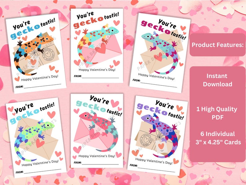 Printable Colorful Gecko Valentine's Day Cards, Classroom Valentine's ...