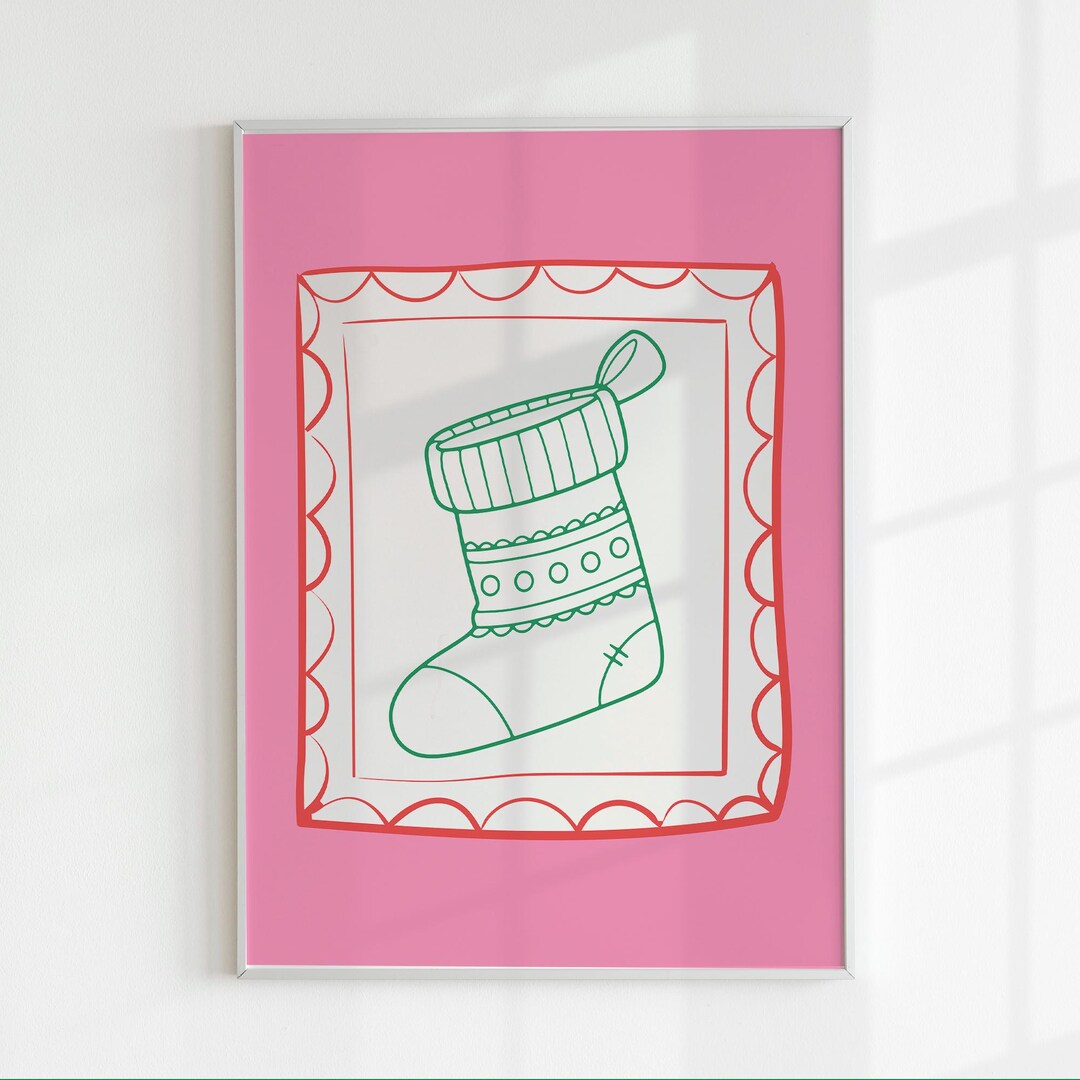 Christmas Stocking Poster Hand Drawn Illustration Printable Wall Art ...
