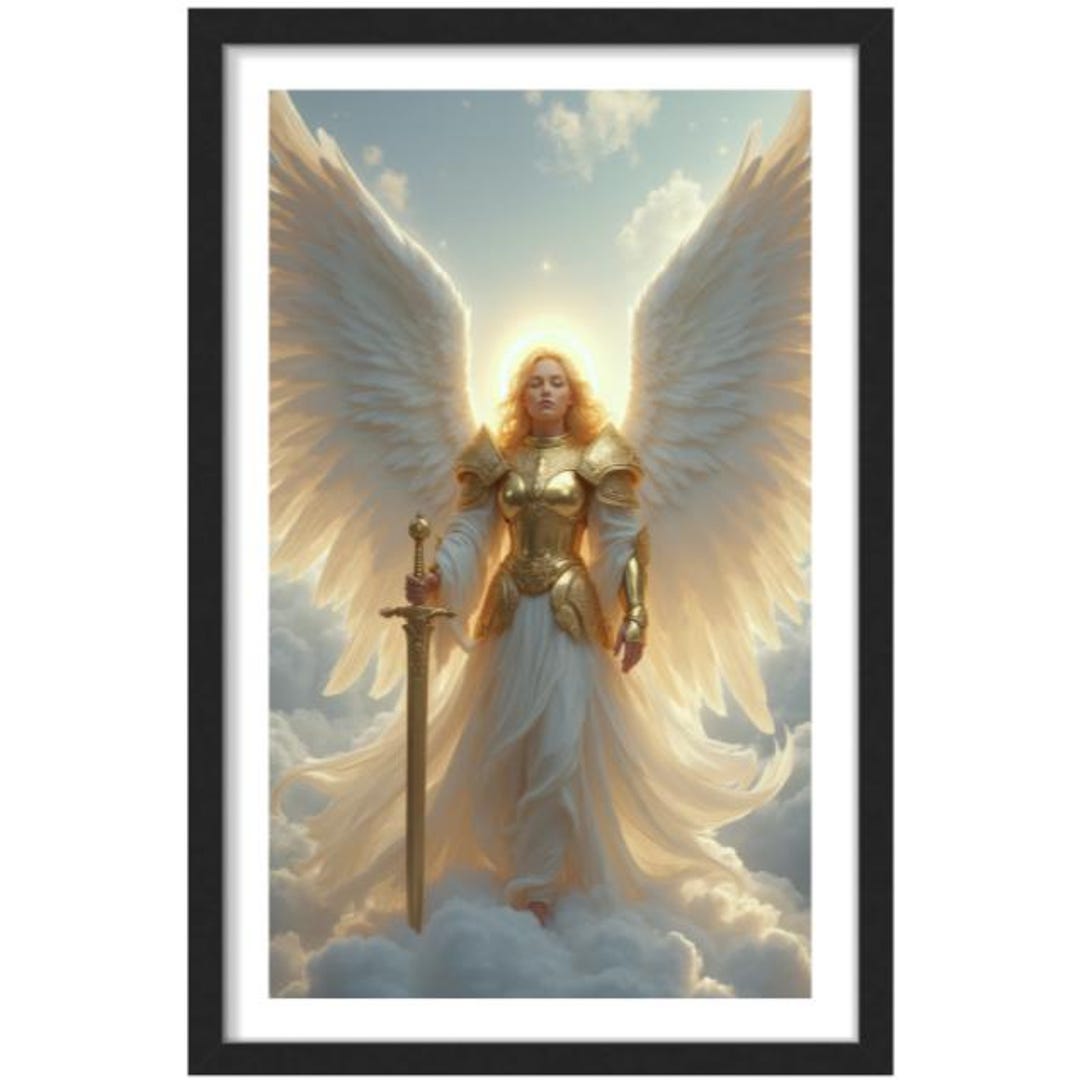 Framed Guardian Angel Art Print: Celestial Warrior, Catholic Home Decor ...