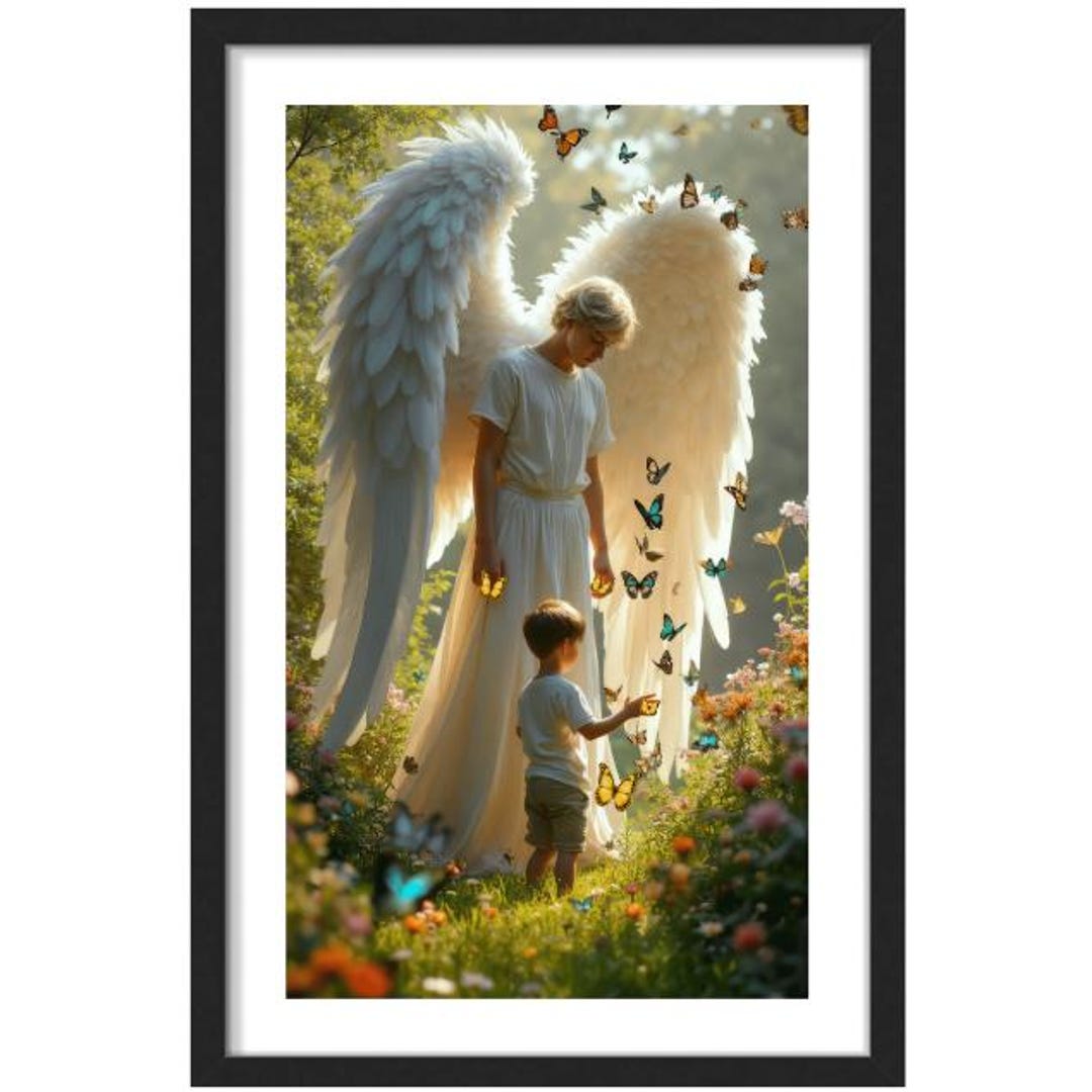 Guardian Angel Art Print: Boy and Angel in Garden (11x17 Framed) Angel ...