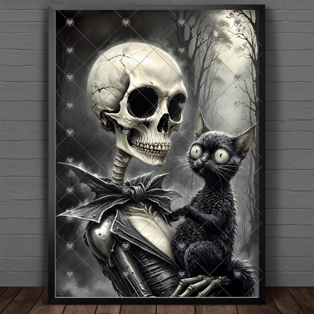 Gothic Skeleton Black Cat Print: Dark Forest Wall Art (digital Download ...