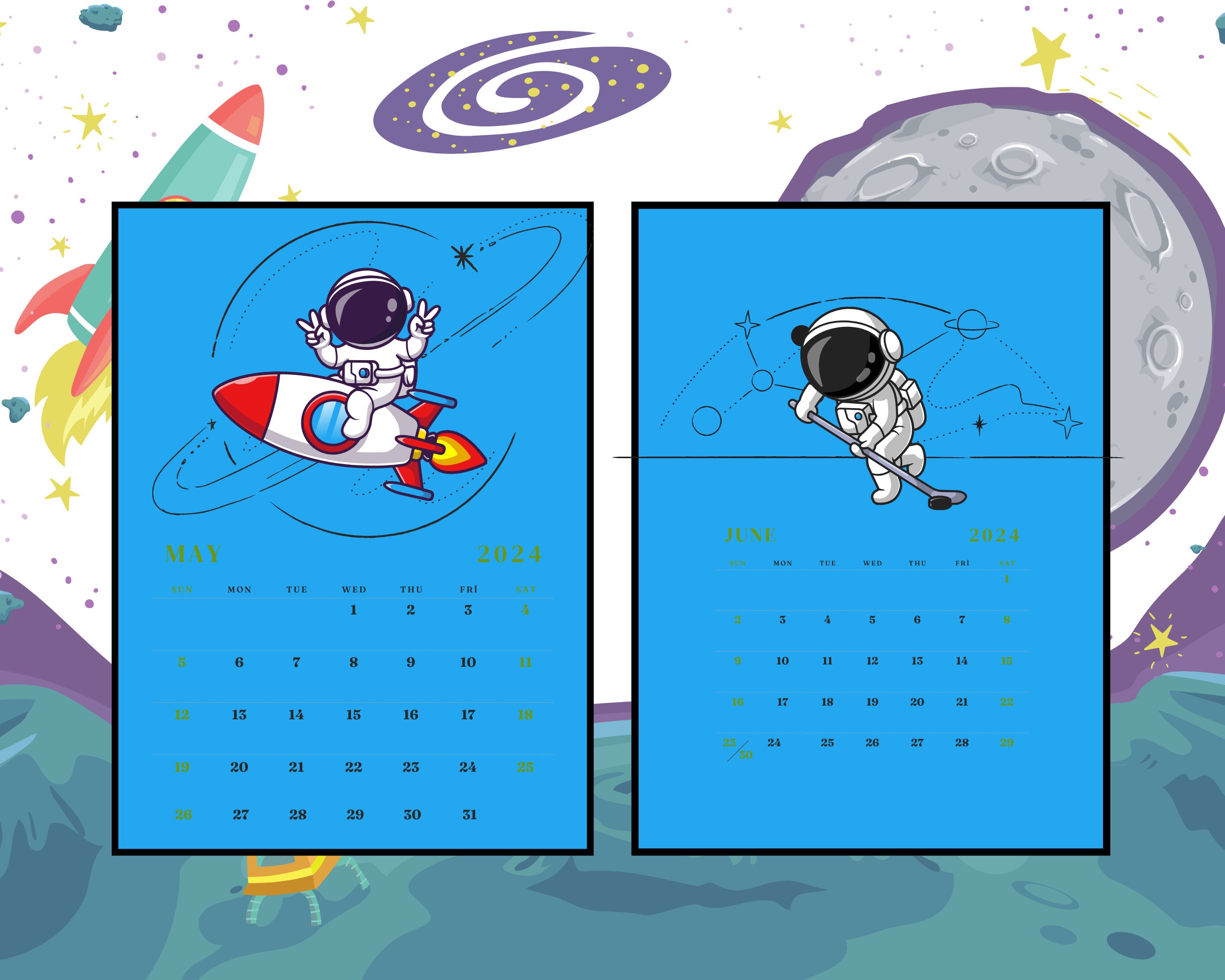 2024 Space Themed Calendar Printable Calendar A4 Sunday Start - Etsy