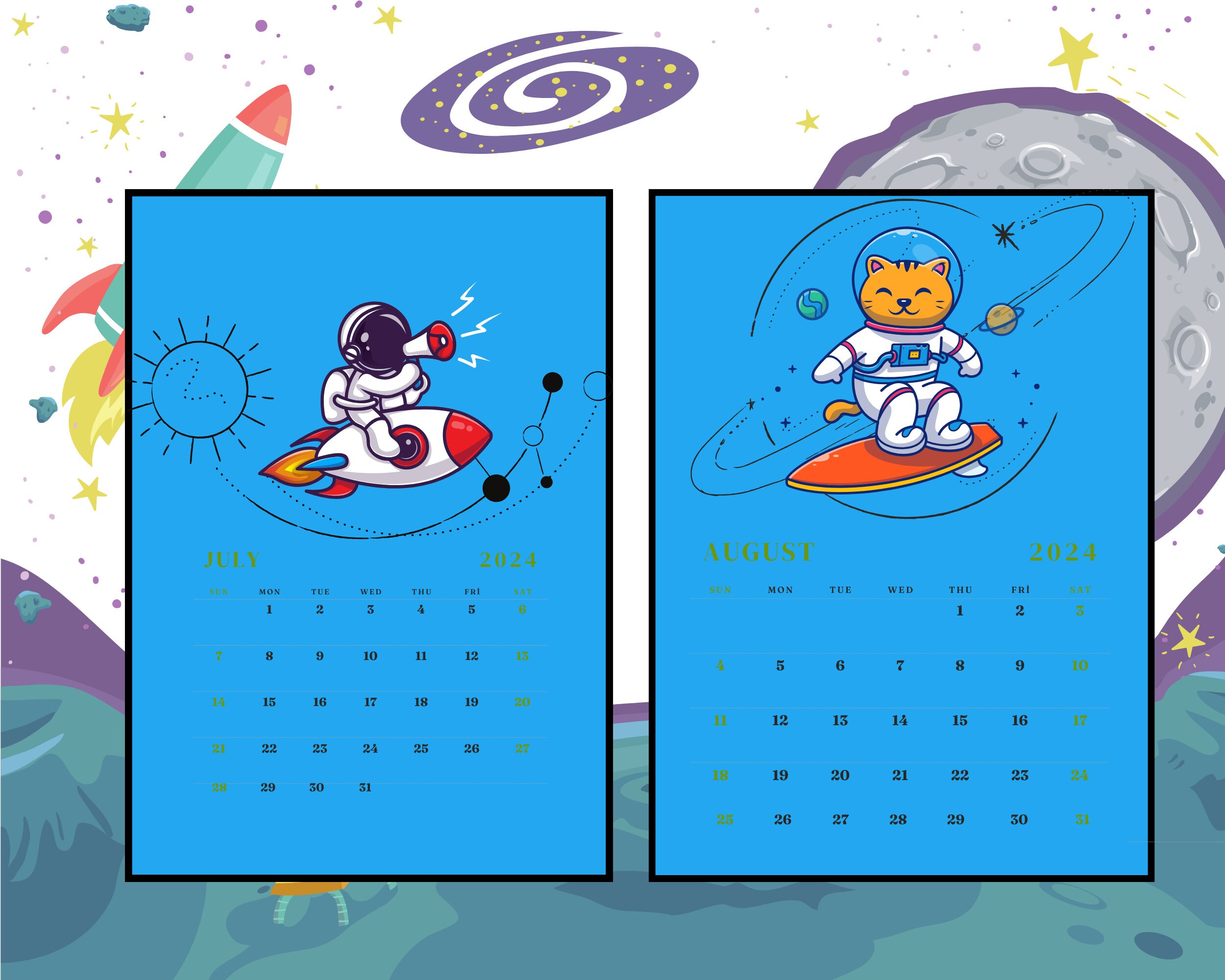 2024 Space Themed Calendar Printable Calendar A4 Sunday Start - Etsy
