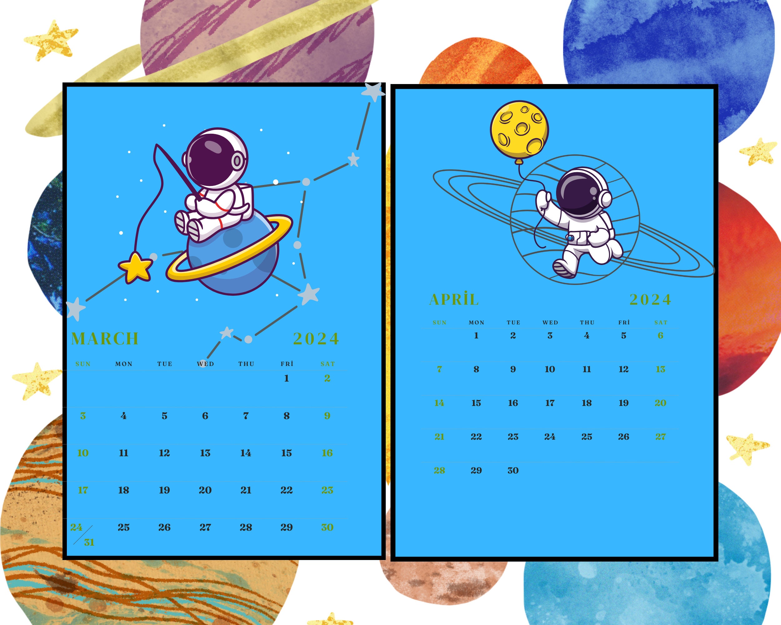 2024 Space Themed Calendar Printable Calendar A4 Sunday Start - Etsy