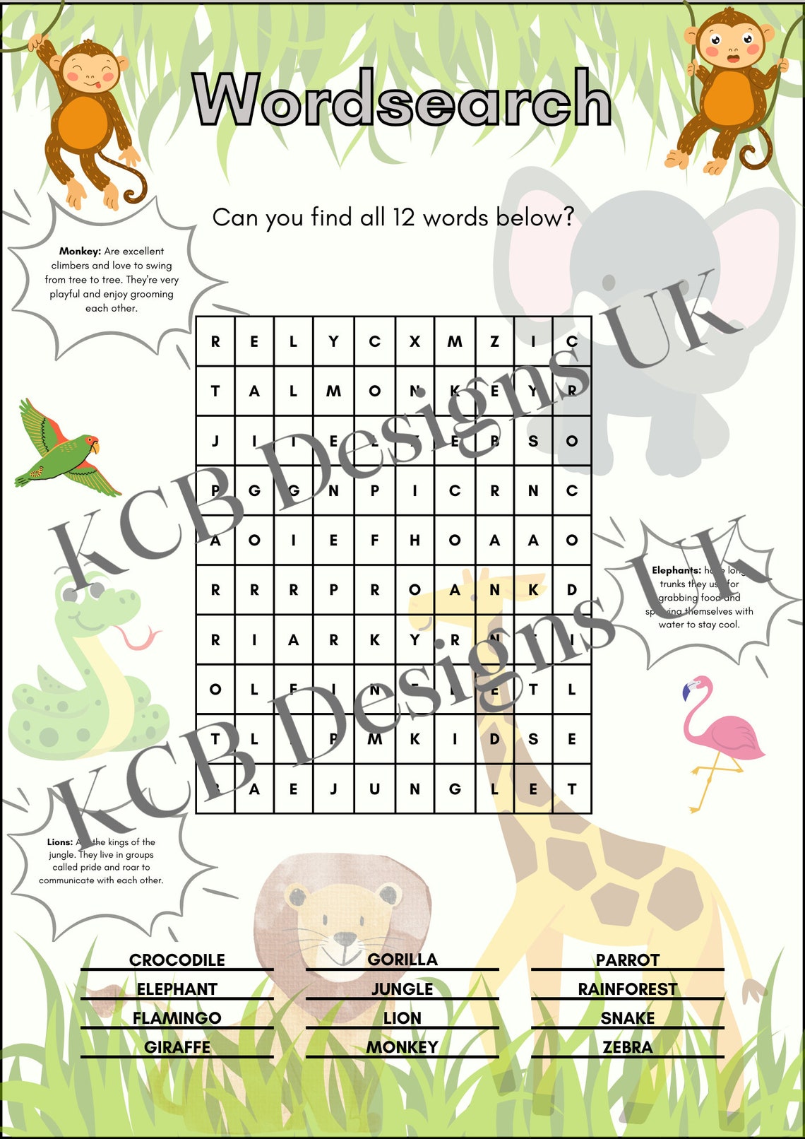 Jungle Wordsearch Printable Digital Download Instant Download ...