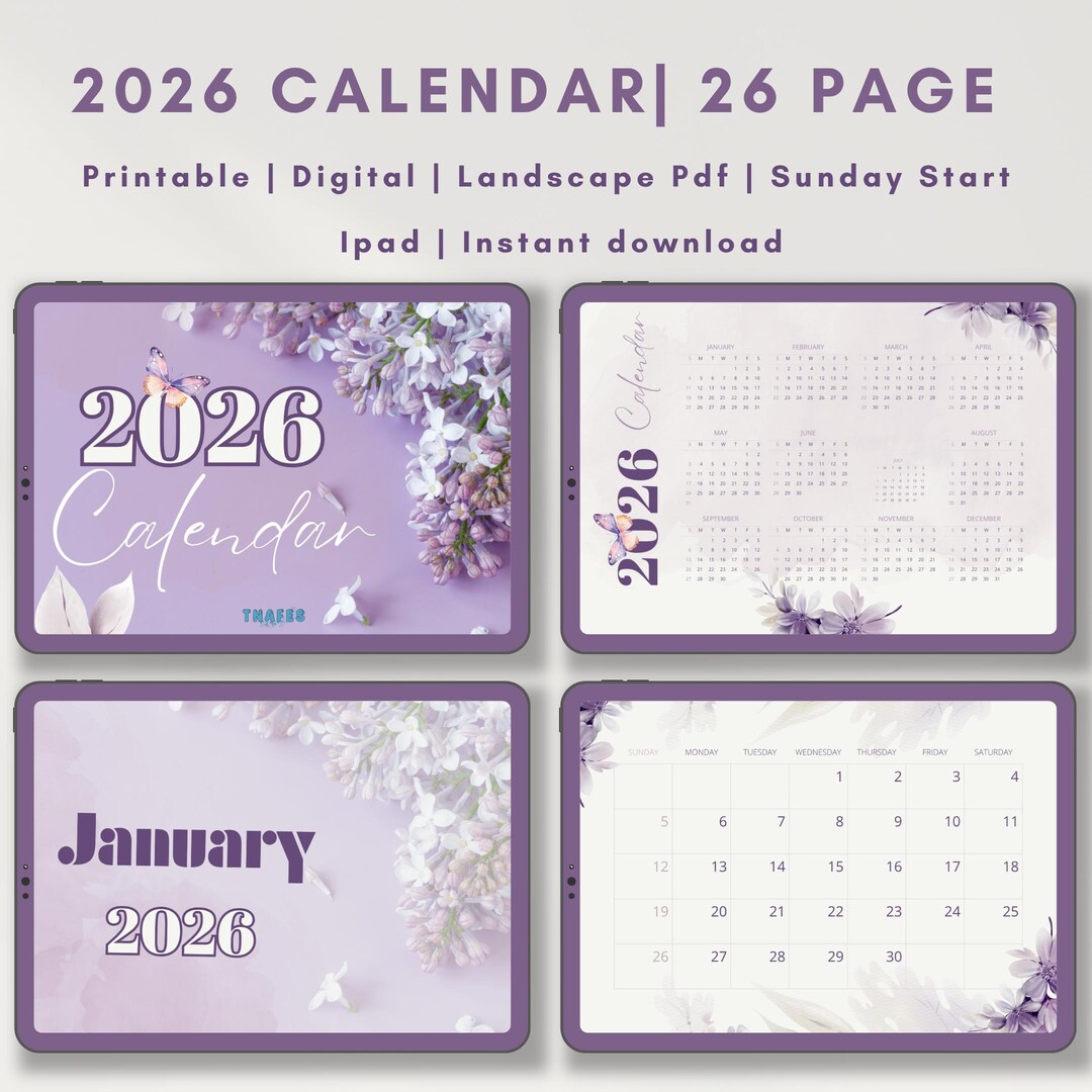 2026 Printable Landscape Lavender Calendar | Goodnotes Digital Planner ...