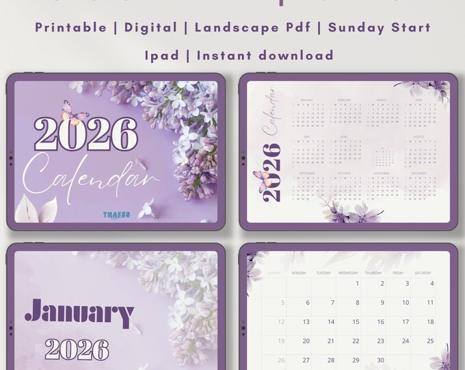 2026 Printable Landscape Lavender Calendar | Goodnotes Digital Planner ...
