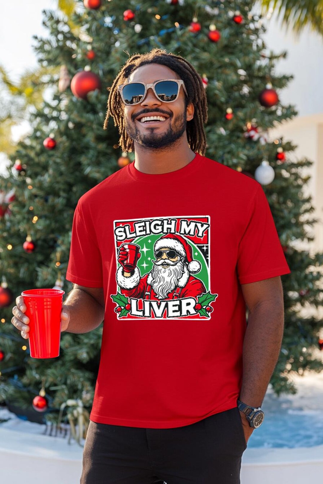 Sleigh My Liver Funny Christmas T-shirt - Santa With Solo Cup - Funny ...