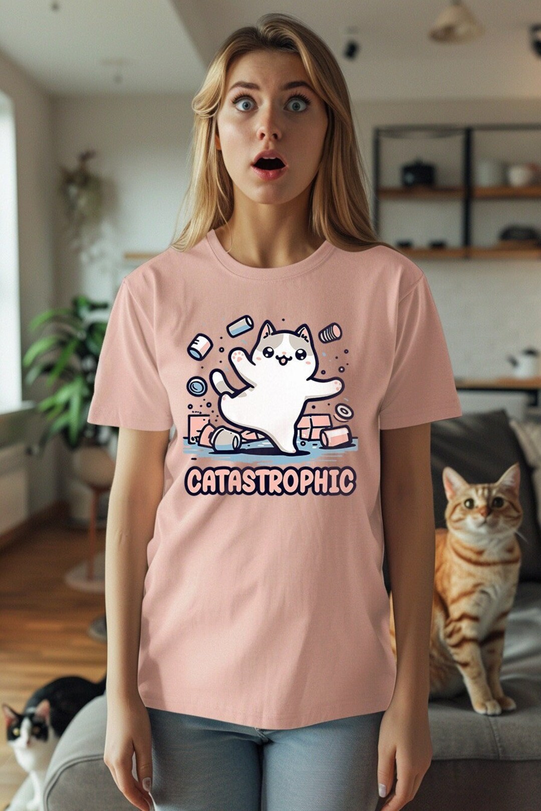 Catastrophic - Funny Cat T-shirt - Leaping Cat Graphic - Humorous ...