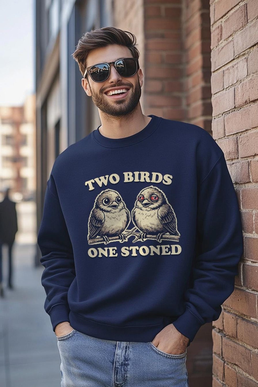 Funny Two Birds, One Stoned Crewneck - Cozy Stoner Humor Sweatshirt ...