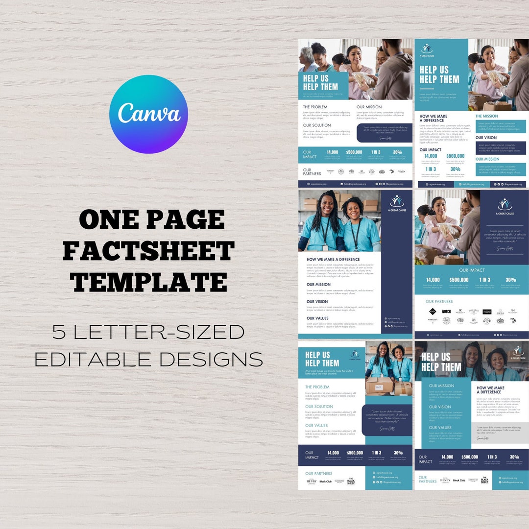 Nonprofit One Page Fact Sheet: Canva Template (letter-sized) - Etsy