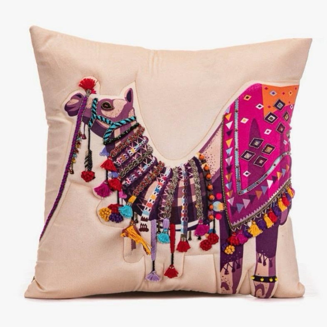 Camel Cushion Cover, Rajasthani Set (camel Pair 2 of 2) - Black / Beige ...