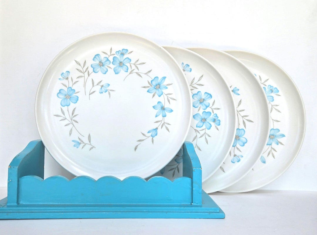 Vintage Melmac Windsor Turquoise Grey Floral Dinner Plates, Set of 4 ...