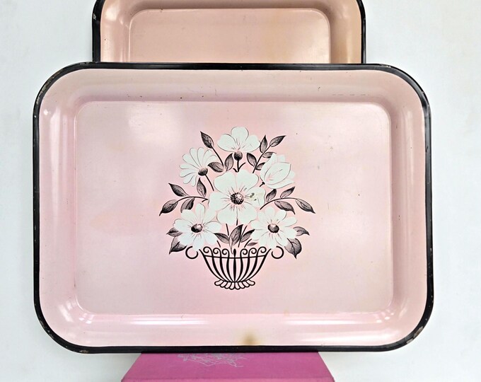 Vintage Metal Serving Trays, Pink, White & Black Floral, Home Decor ...
