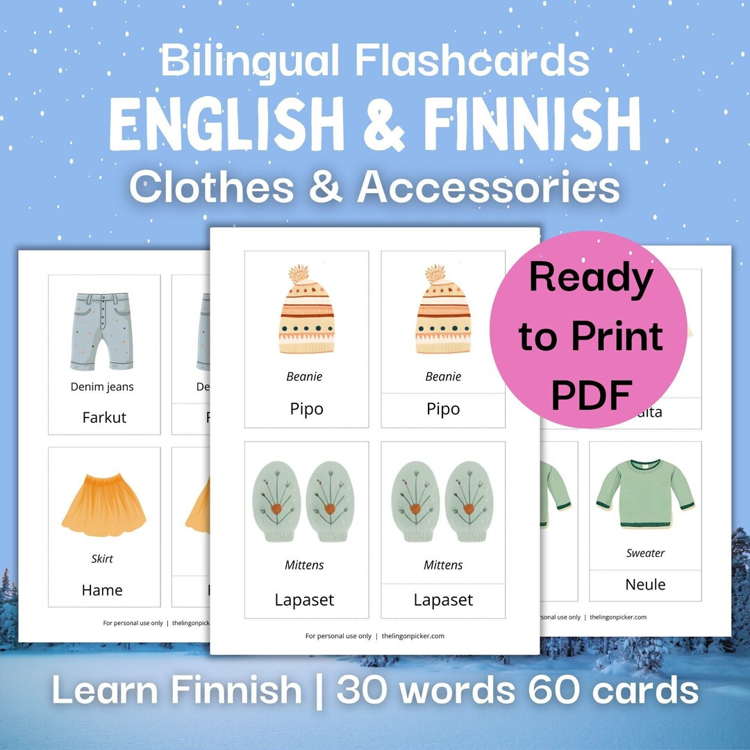 30 Clothes and Accessories Flashcards in English and Finnish, Bilingual ...