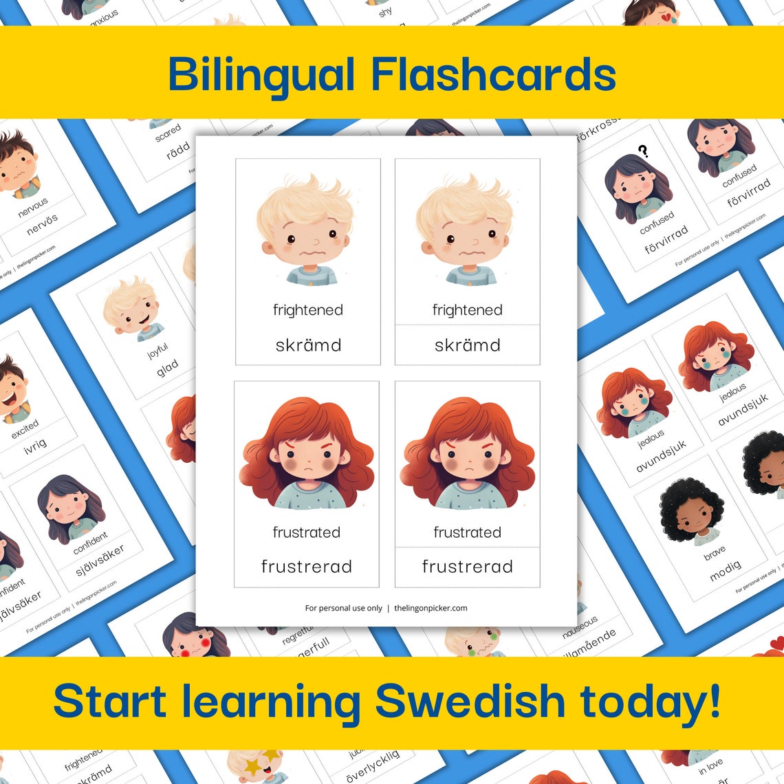 30 Emotions Flashcards in English and Swedish, Bilingual Flashcards ...