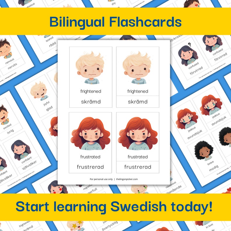 30 Emotions Flashcards in English and Swedish, Bilingual Flashcards ...