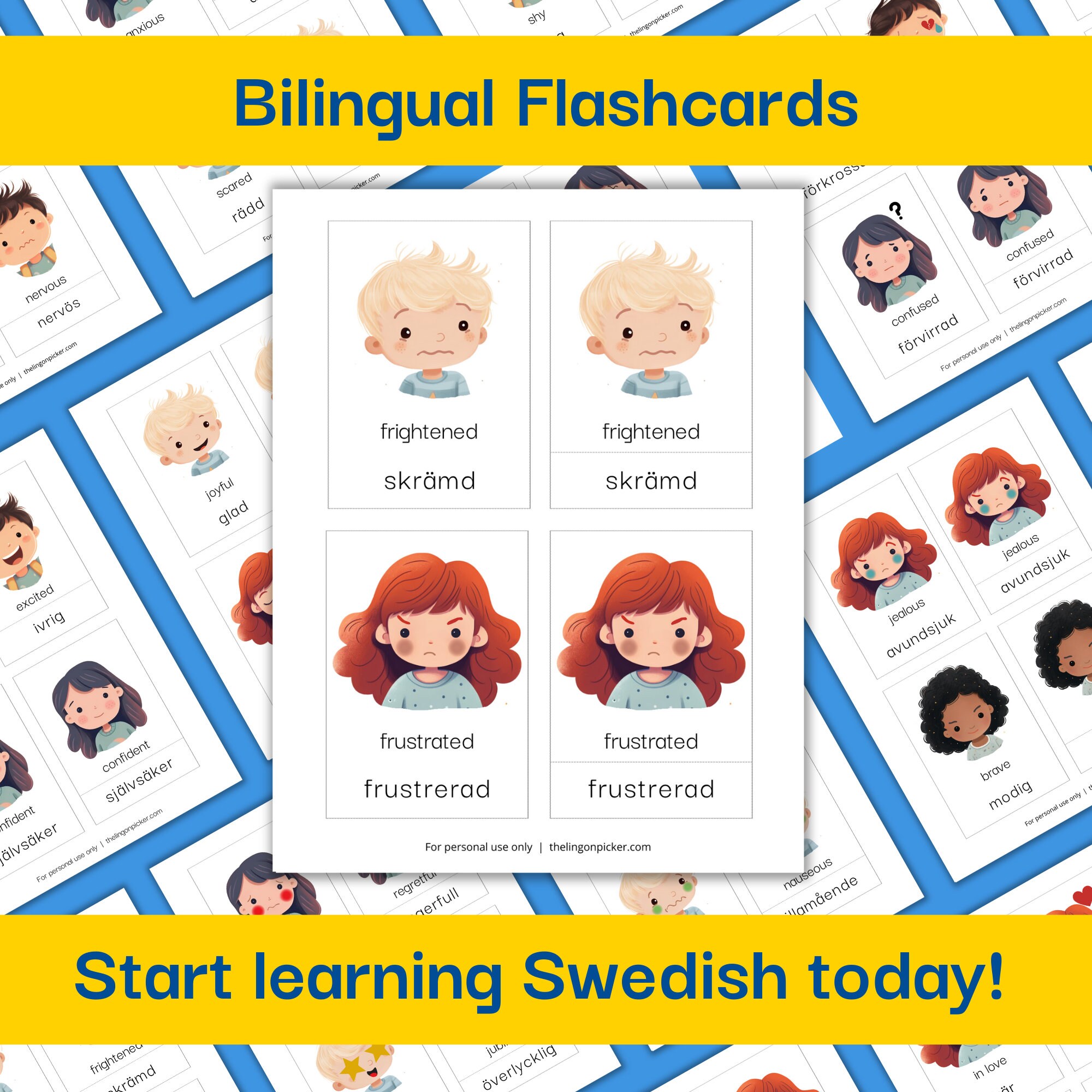 30 Emotions Flashcards in English and Swedish, Bilingual Flashcards ...