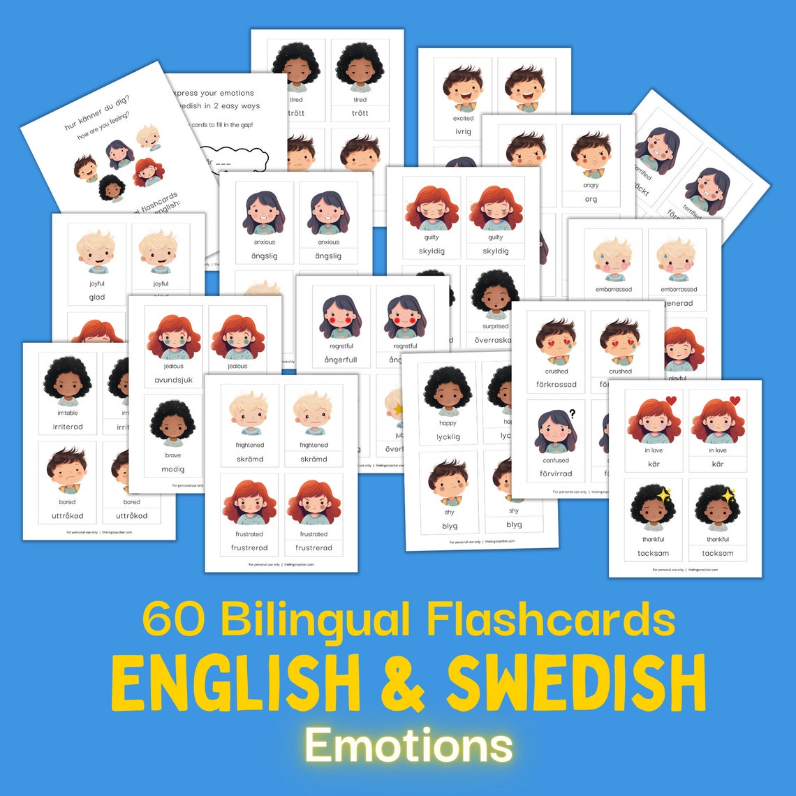 30 Emotions Flashcards in English and Swedish, Bilingual Flashcards ...