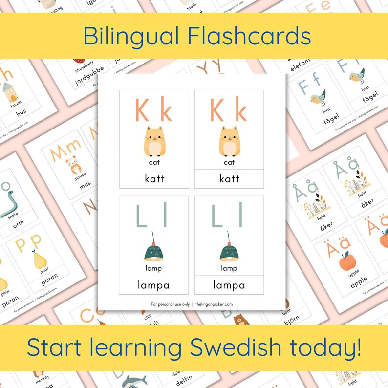 Swedish Alphabet Flashcards, Bilingual Flashcards in English and ...