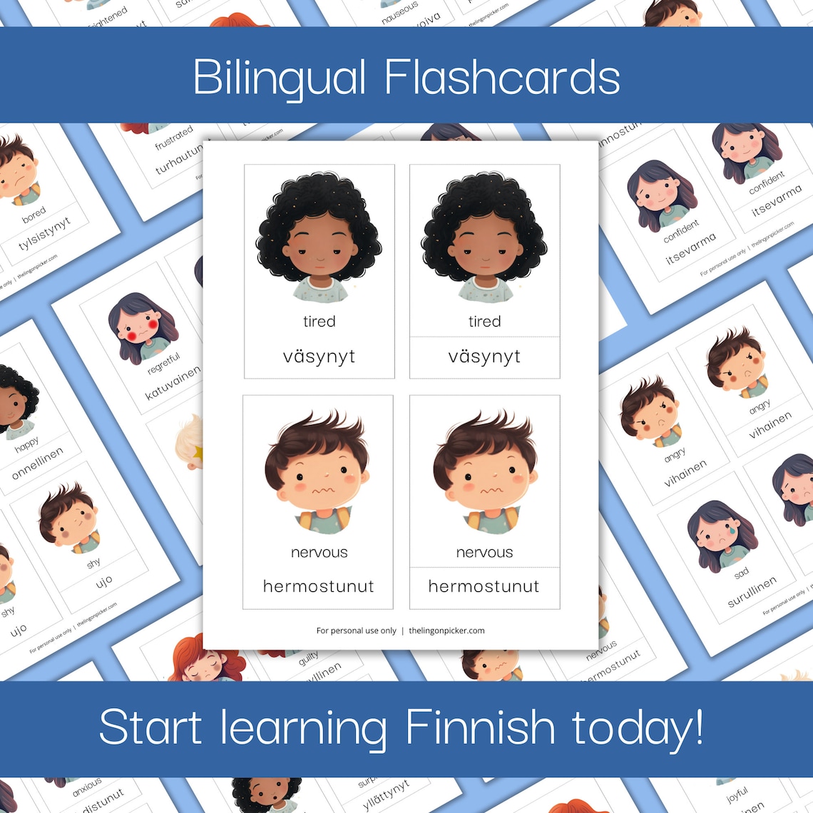 30 Emotions Flashcards in English and Finnish, Bilingual Flashcards for ...