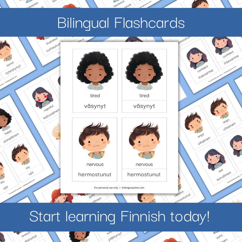 30 Tarjetas didácticas de emociones en inglés y finlandés, Tarjetas ...