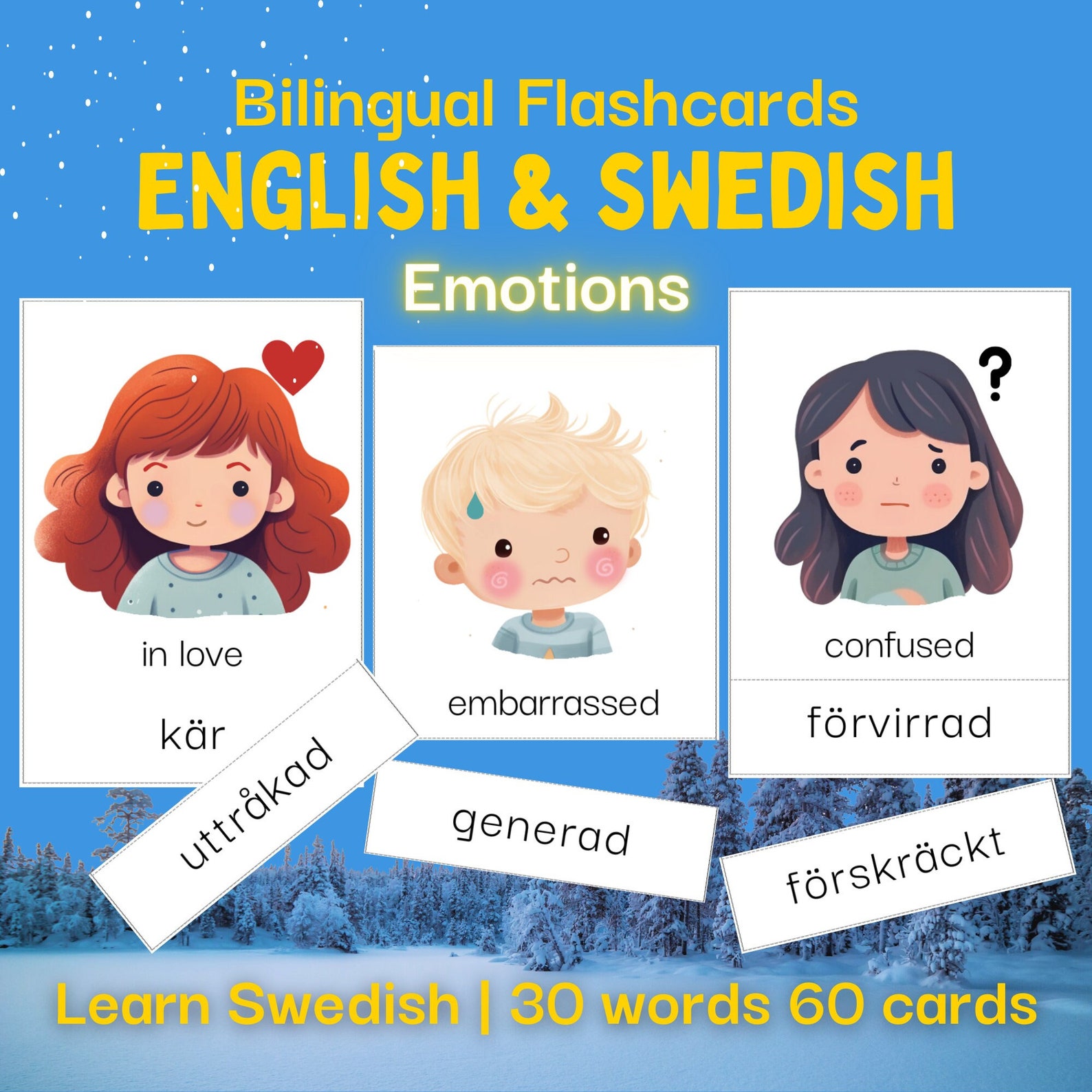 30 Emotions Flashcards in English and Swedish, Bilingual Flashcards ...