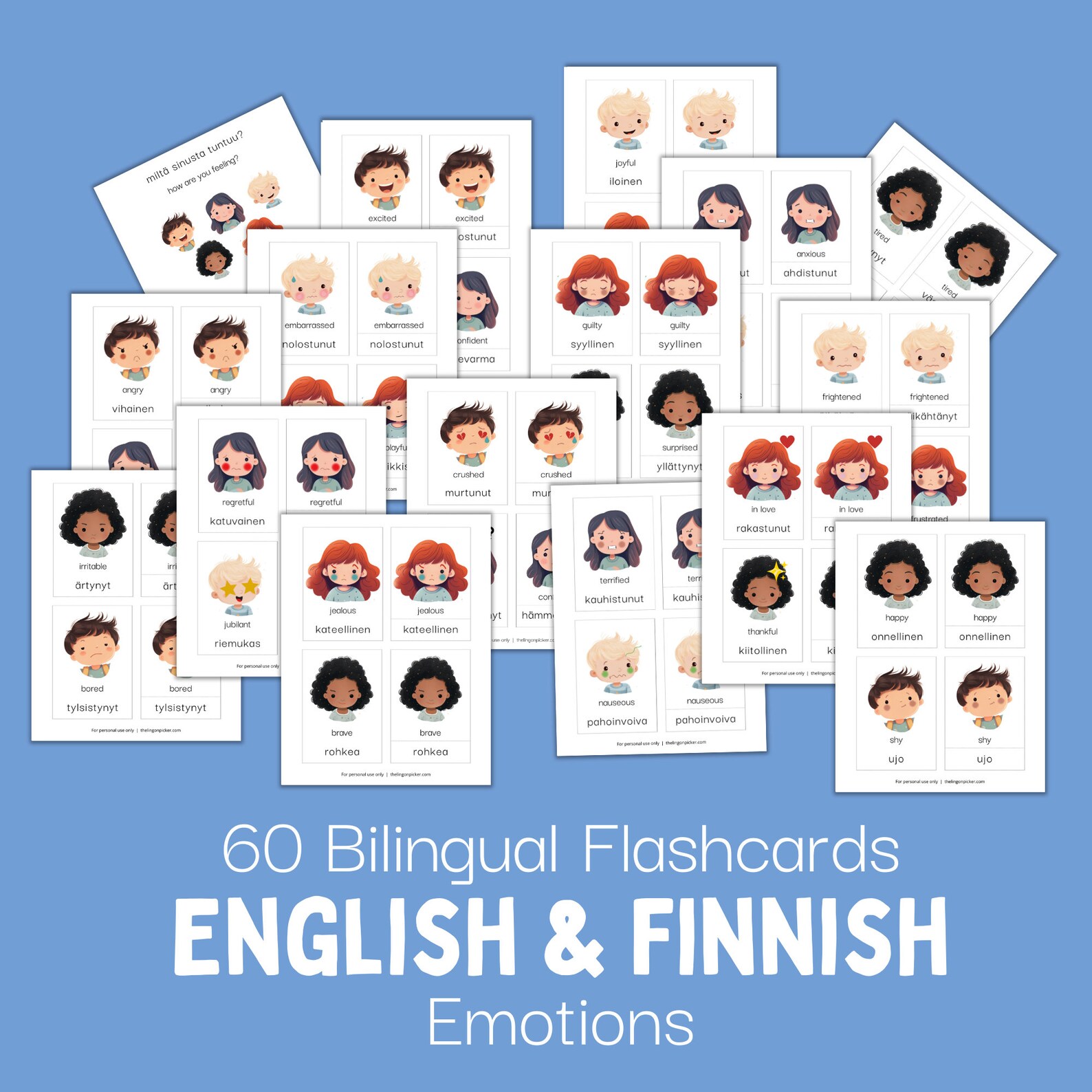 30 Emotions Flashcards in English and Finnish, Bilingual Flashcards for ...