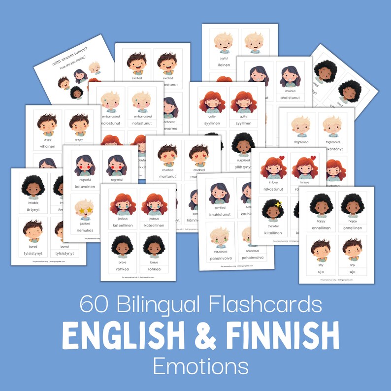 30 Emotions Flashcards in English and Finnish, Bilingual Flashcards for ...