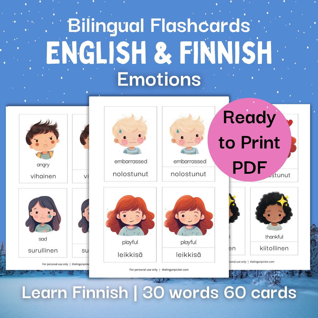 30 Emotions Flashcards in English and Finnish, Bilingual Flashcards for ...